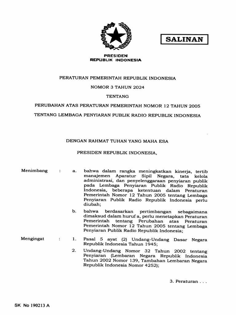 PP Nomor 3 Tahun 2024 | PDF