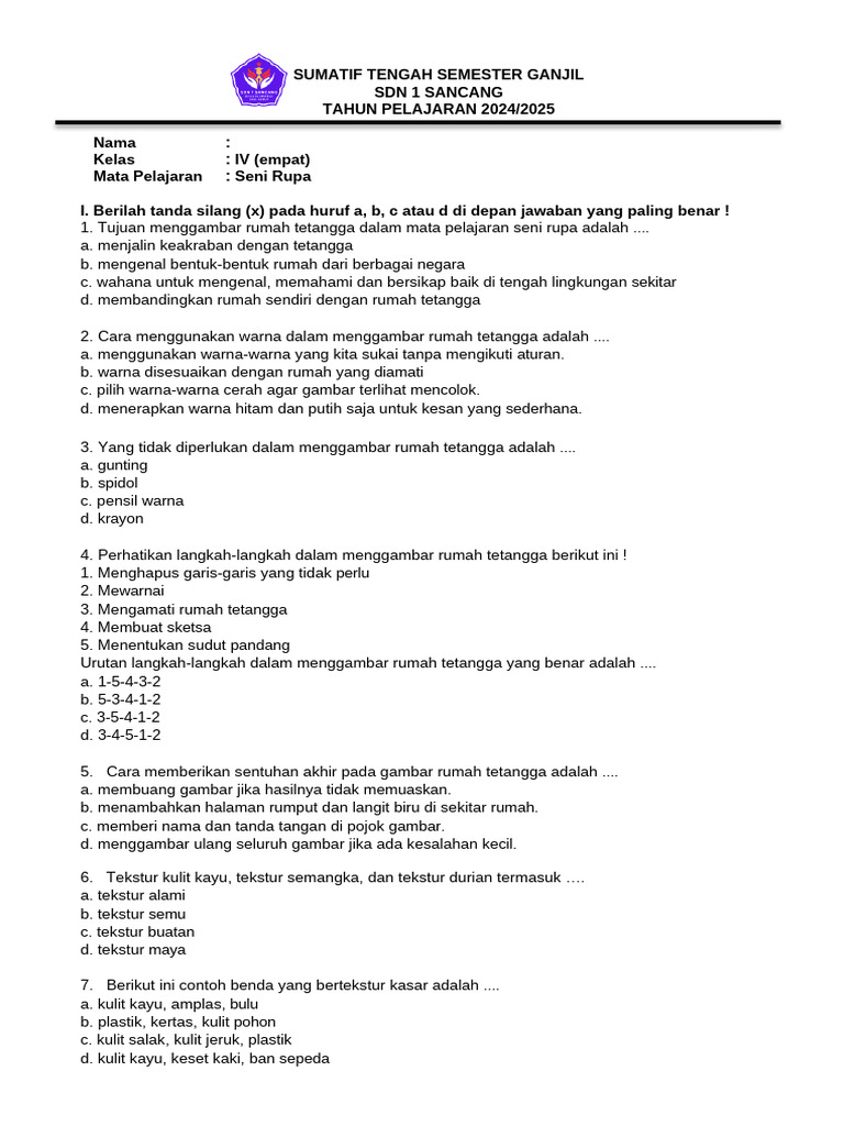 STS Seni Rupa Kelas 4 Semester 1 Kurikulum Merdeka T.A 2023-2024 | PDF