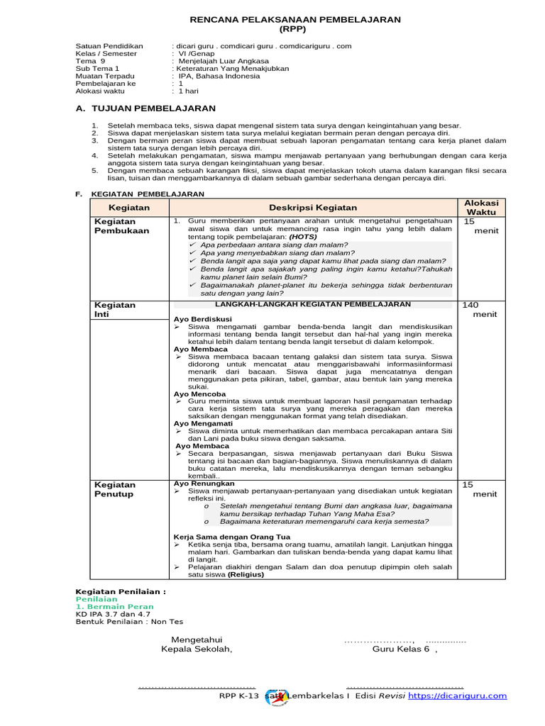 RPP 1 Lembar Kls 6 TM 9 ST 1 | PDF