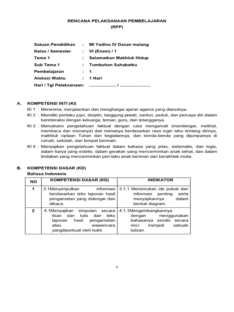 RPP K6 Tema 1 ST 1 Rev. 2018 | PDF