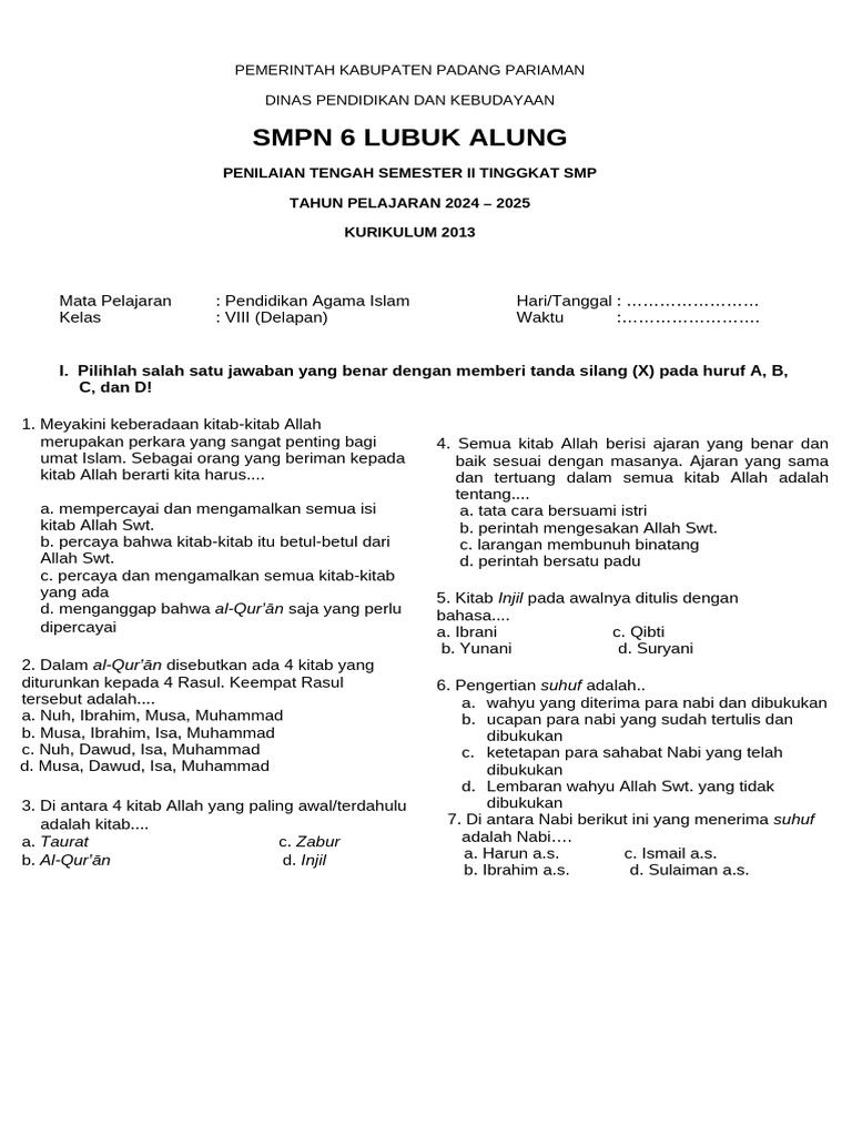 Soal PTS PAI Kelas VIII Ganjil 24-25 | PDF