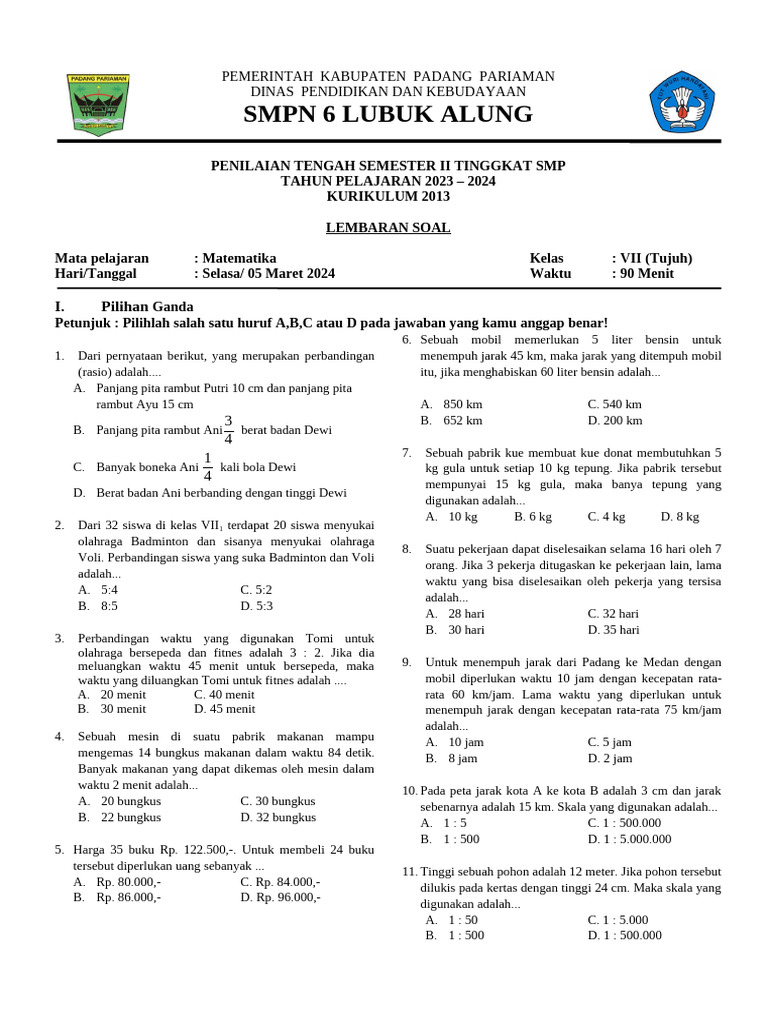 Soal MTK Kls 7 PTS II | PDF