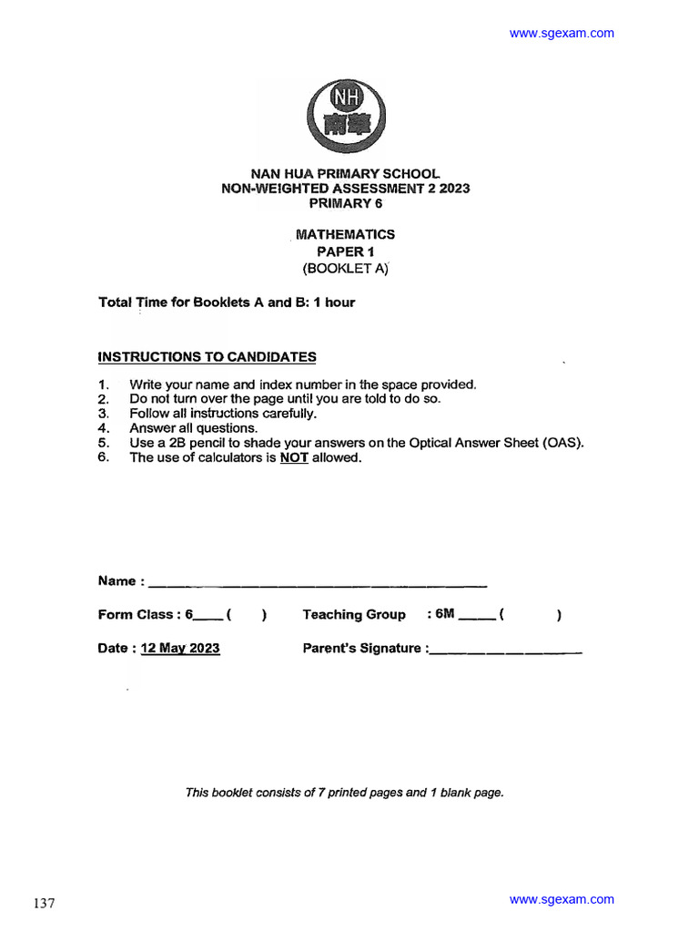 2023 P6 Maths Weighted Assessment 2 Nan Hua | PDF