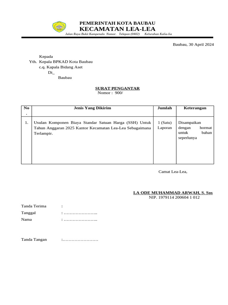 Surat Usulan SSH, SBM Dan Asb Kec. Lea-Lea 2024 | PDF