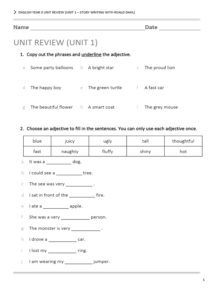 English Year 3 Unit Review (Unit 1 - Story Writing With Roald Dahl) | PDF