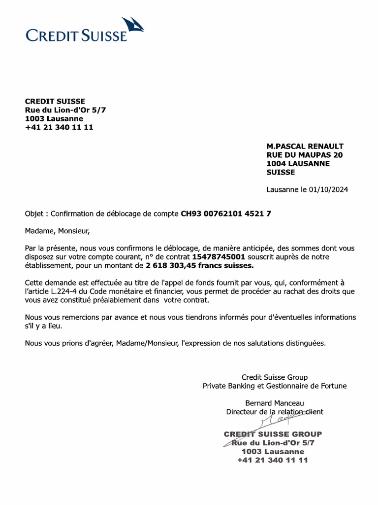 Credit Suisse Rue Du Lion-d'Or 5/7 1003 Lausanne +41 21 340 11 11 M ...