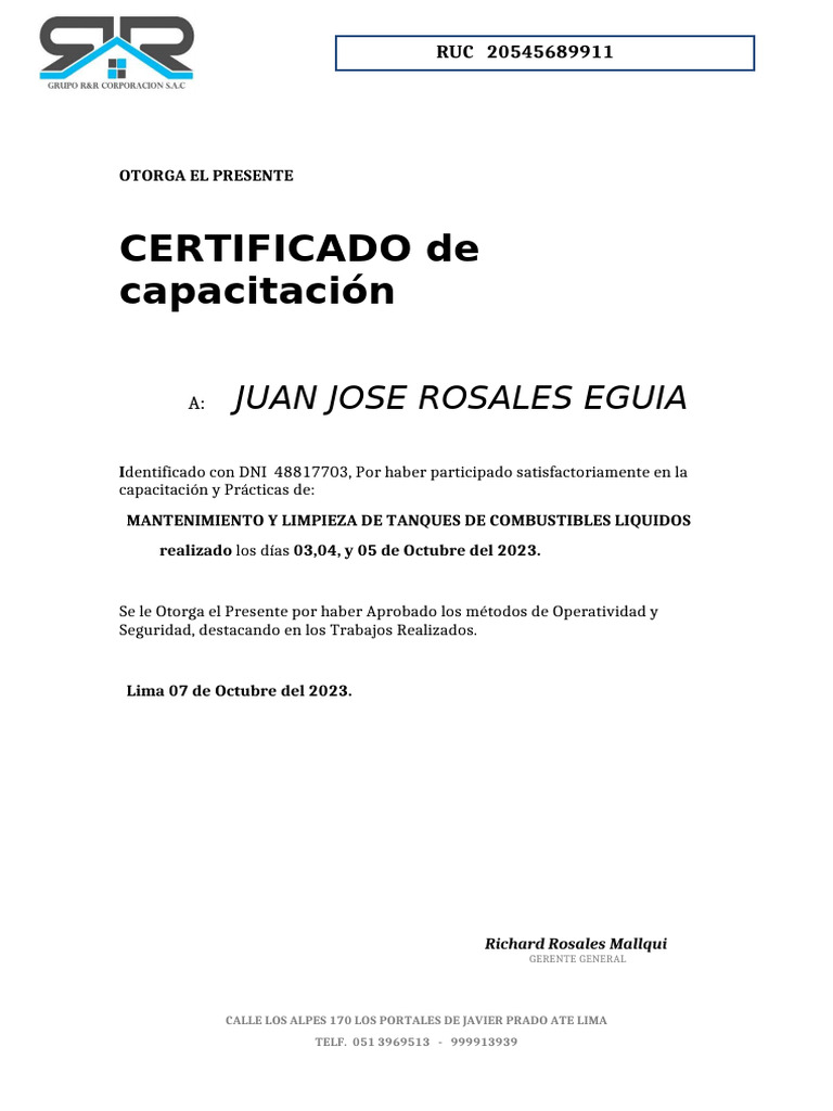 Certificado de Capacitacion | PDF