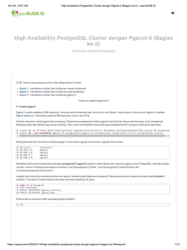 High Availability PostgreSQL Cluster Dengan Pgpool-II (Bagian Ke-3) - openSUSE - ID-1-8 | PDF
