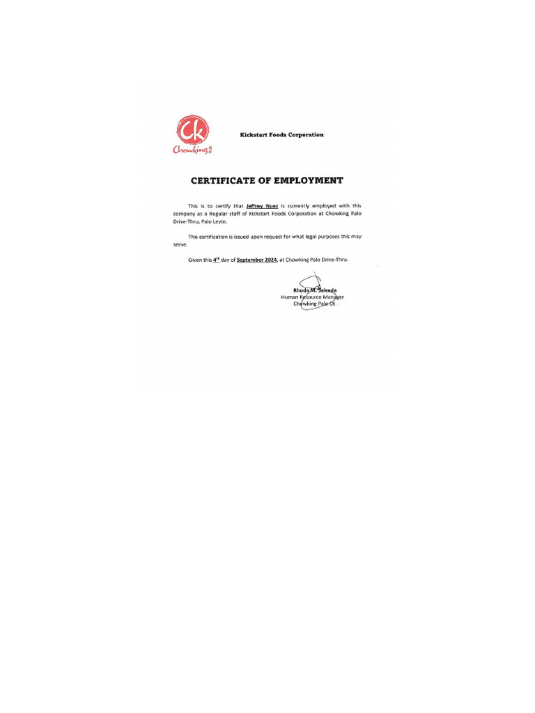 CERTIFICATE OF EMPLOYMENT OF CHOWKING - Docx - 20241001 - 105931 - 0000 ...