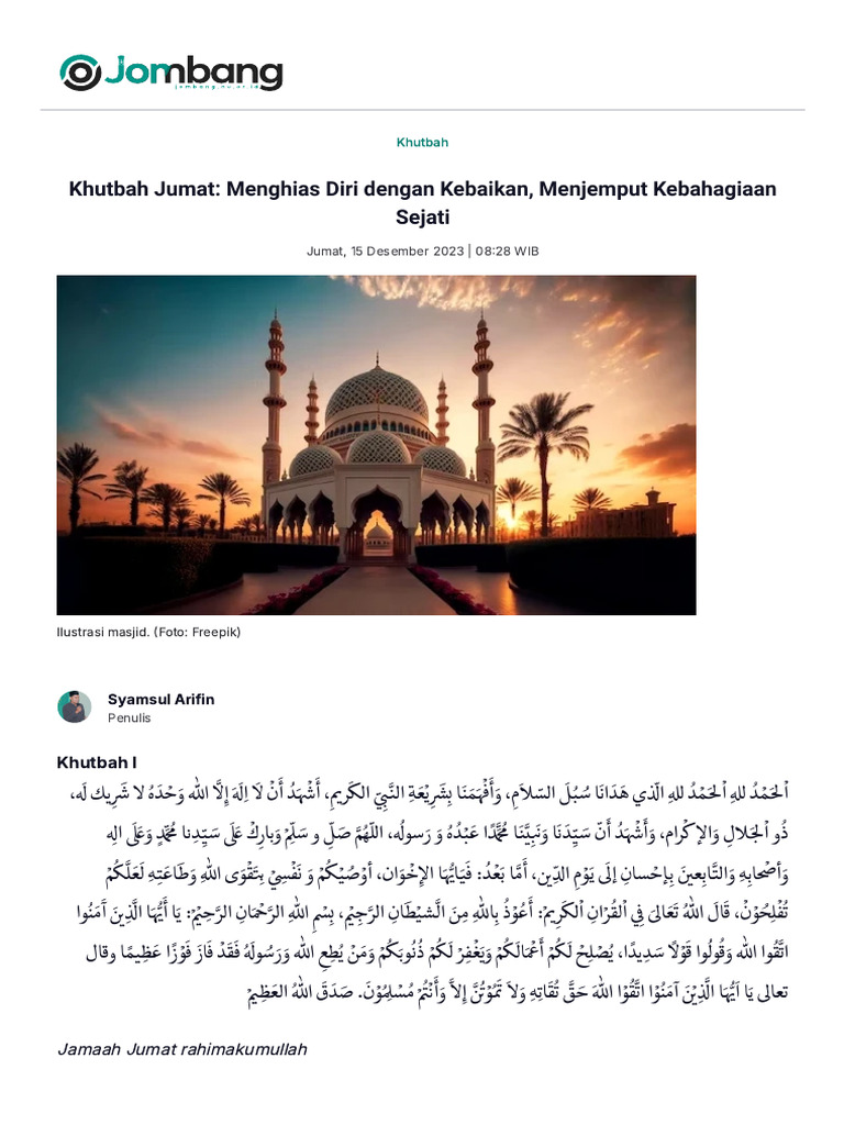 Khutbah Jumat - Menghias Diri Dengan Kebaikan, Menjemput Kebahagiaan Sejati | PDF