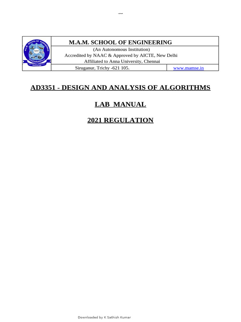 Ad3351 Daa Lab Manual Anna University Regulation 2021 | PDF