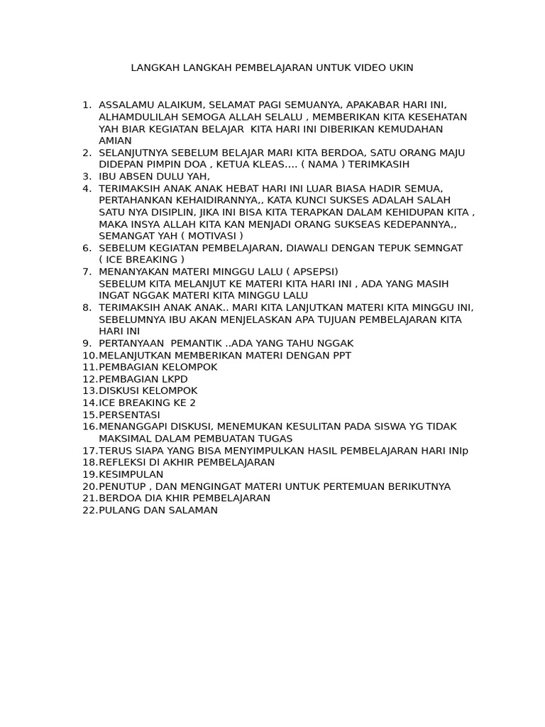 Langkah Langkah Pembelajaran Video Ukin Bu Deris | PDF
