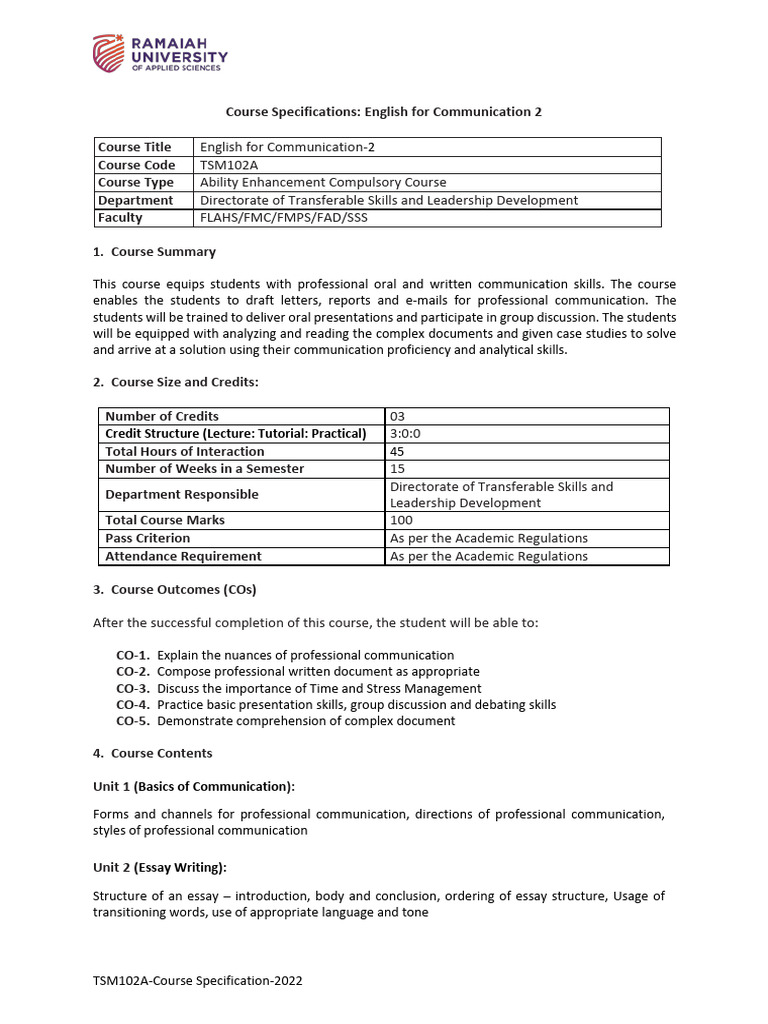 TSM102A - English For Communication 2-Course Specification | PDF