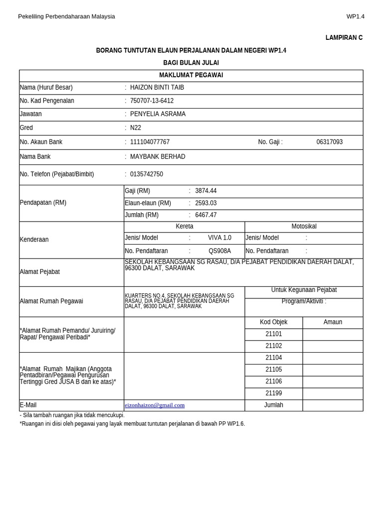 Borang Tuntutan Elaun Perjalanan Dalam Negeri WP1.4 (Lampiran C) 2024 | PDF