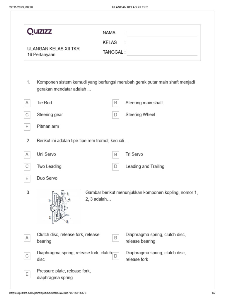 Ulangan Kelas Xii TKR | PDF