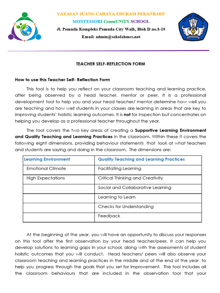 Middle School Teacher Reflection Form | PDF