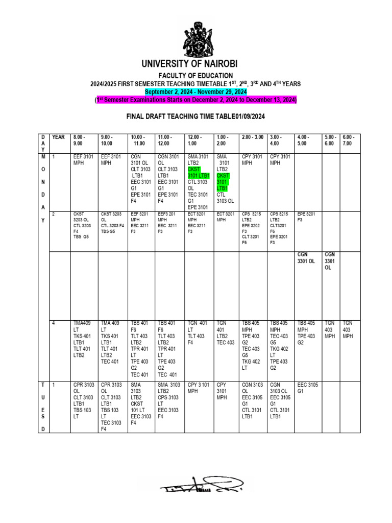 2024-2025 First Semester Teaching Timetable 1ST, 2ND, 3RD and 4TH Years | PDF
