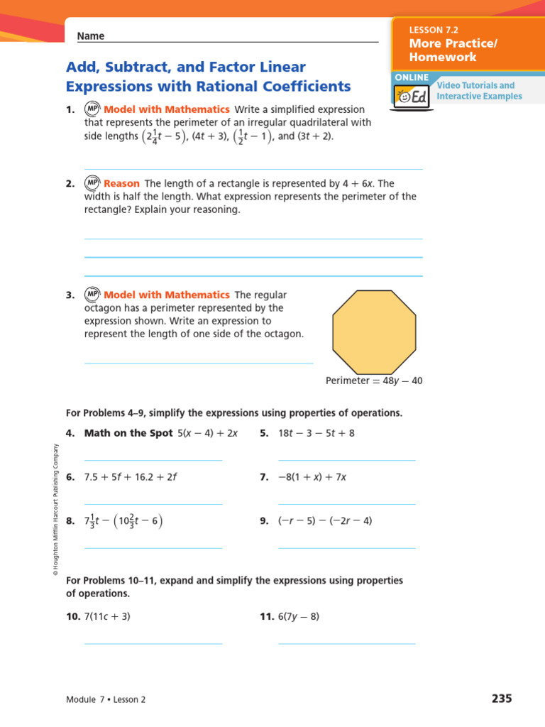Add, Subtract and Factor Linear Expressions With Rational Coefficient | PDF