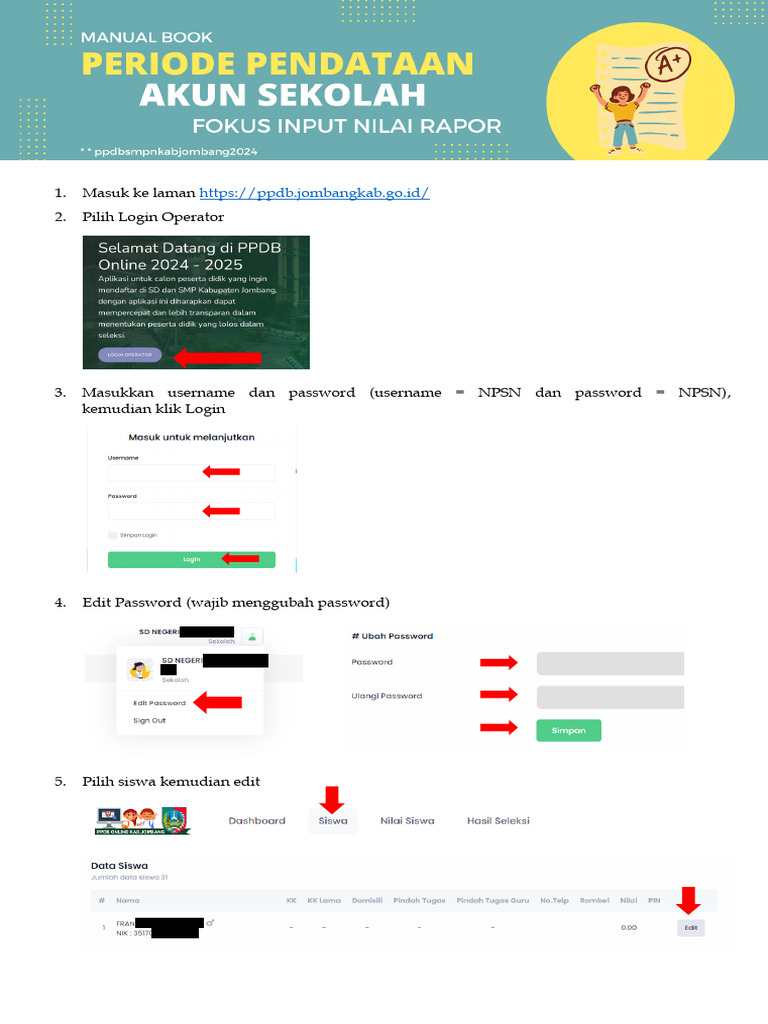 Manual Book - Periode Pendataan PPDB SMPN 2024 - Login Sekolah - Fokus Input Nilai - v1 | PDF