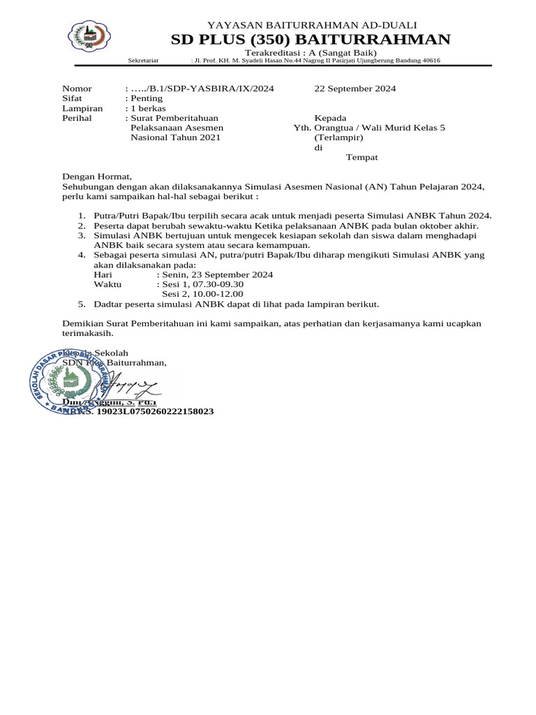 Surat Pemberitahuan ANBK | PDF