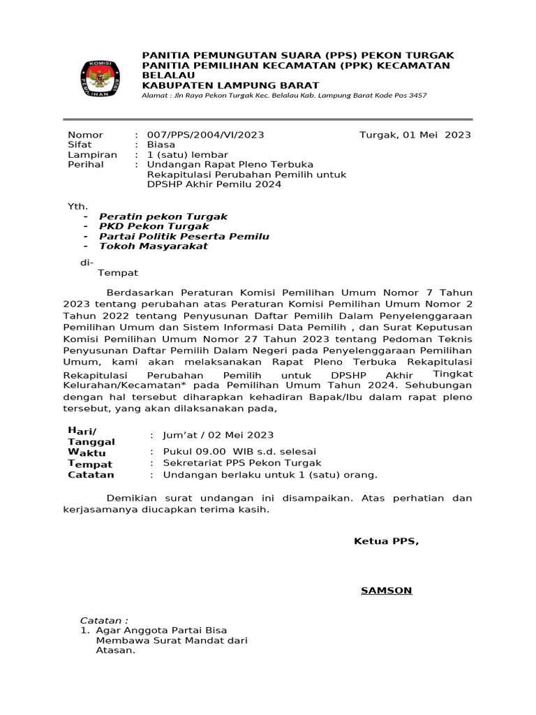 Draft Undangan DPHP PPS - PPK | PDF