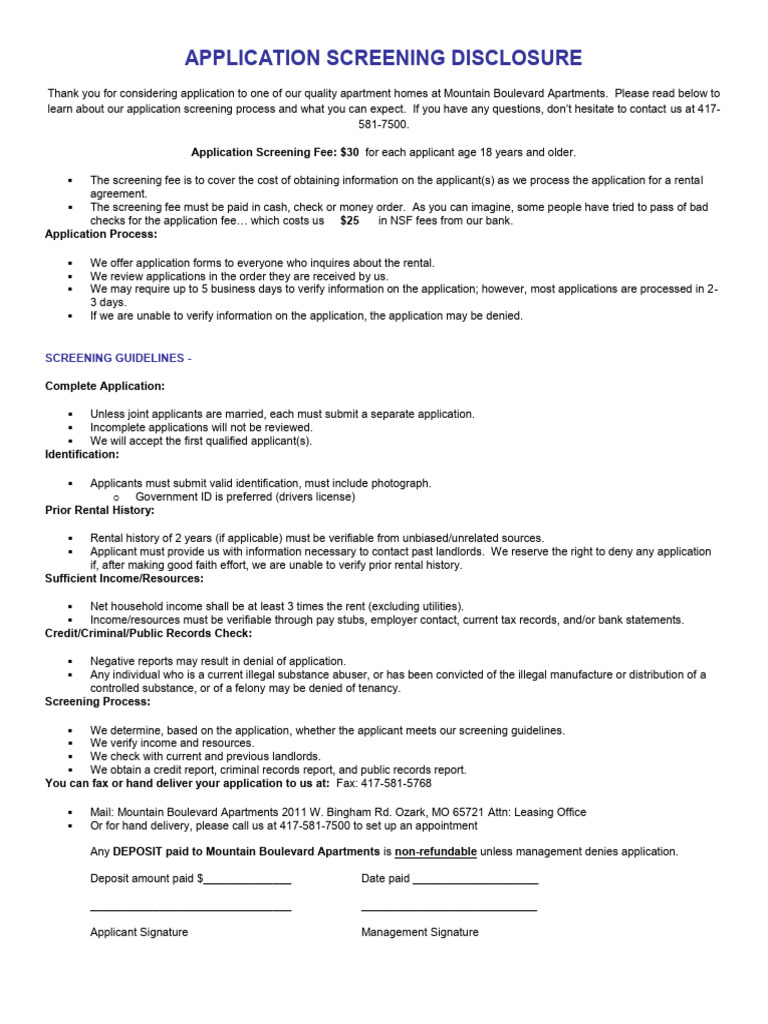 Mountain Boulevard Apartments Application Screening Disclosure May 2020 ...