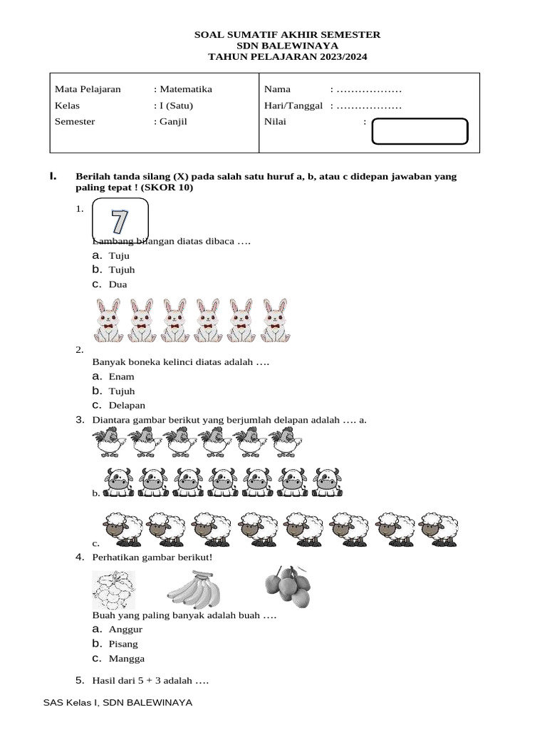 Soal Sas 1 MTK Kelas 1 | PDF