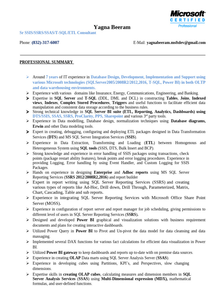 YagnaBeeram SQL SSIS SSRS Developer | PDF