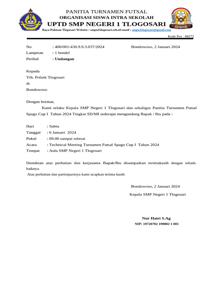 Surat Undangan Pembukaan Turnamen Futsal Spago Cup I | PDF