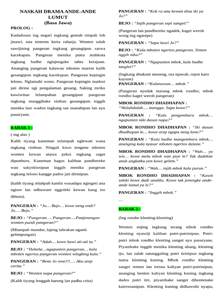 Naskah Drama Ande Ande Lumut Bahasa Jawa | PDF