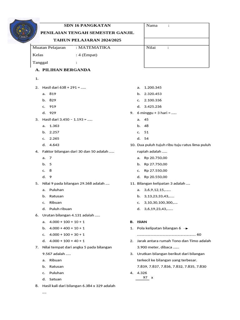 SDN 16 Pangkatan MTK | PDF