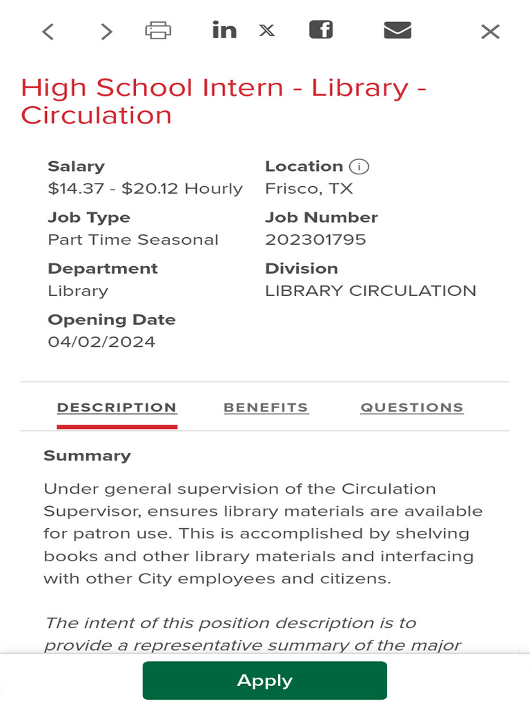 High School Intern - Library - Circulation Job Details Tab Career Pages ...