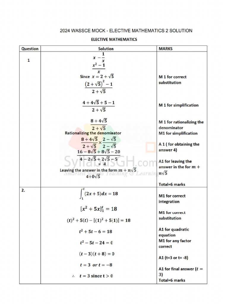 2024 WASSCE Mock Elective Mathematics 2 Solution | PDF