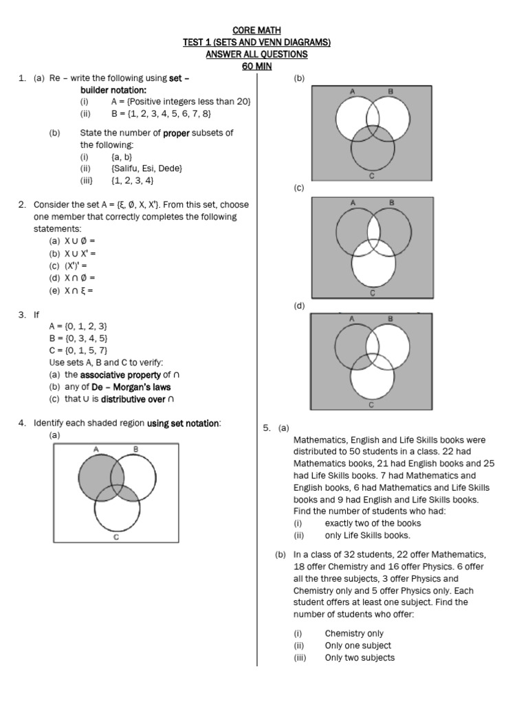 CORE MATH Test 1 (Sets and Venn Diagrams) | PDF