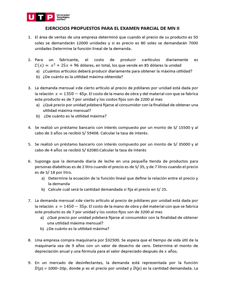 S08 - s1 - Ejercicios Propuestos para El Examen Parcial de MN II | PDF