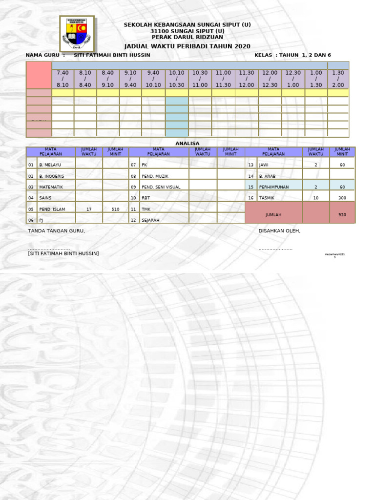 Contoh Jadual Waktu 2020 | PDF