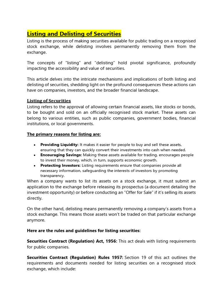 Listing and Delisting of Securities | PDF | Stocks | Law