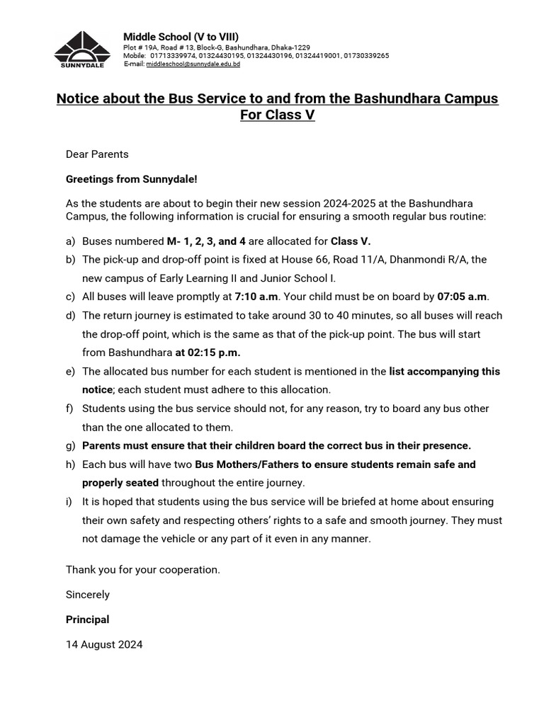 Class - V Bus List (Revised) | PDF