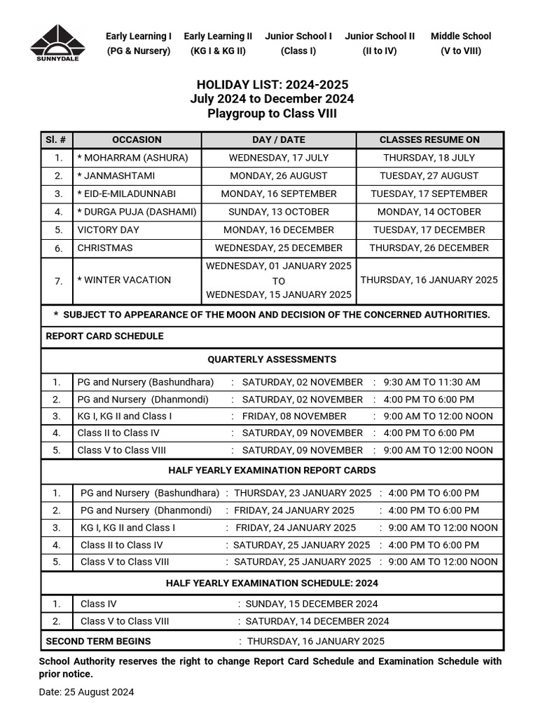 Holiday List - Half Yearly Junior School | PDF