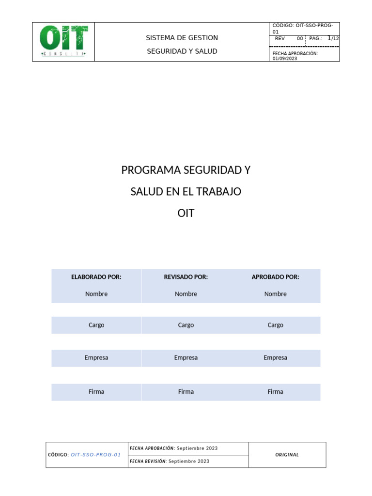 Oit-Sso-Prog-01 Programa de Gestión Seguridad y Salud en El Trabajo | PDF