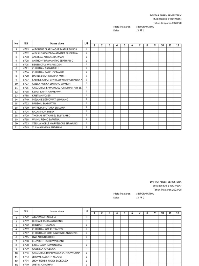 Absen X PF 1-2 | PDF