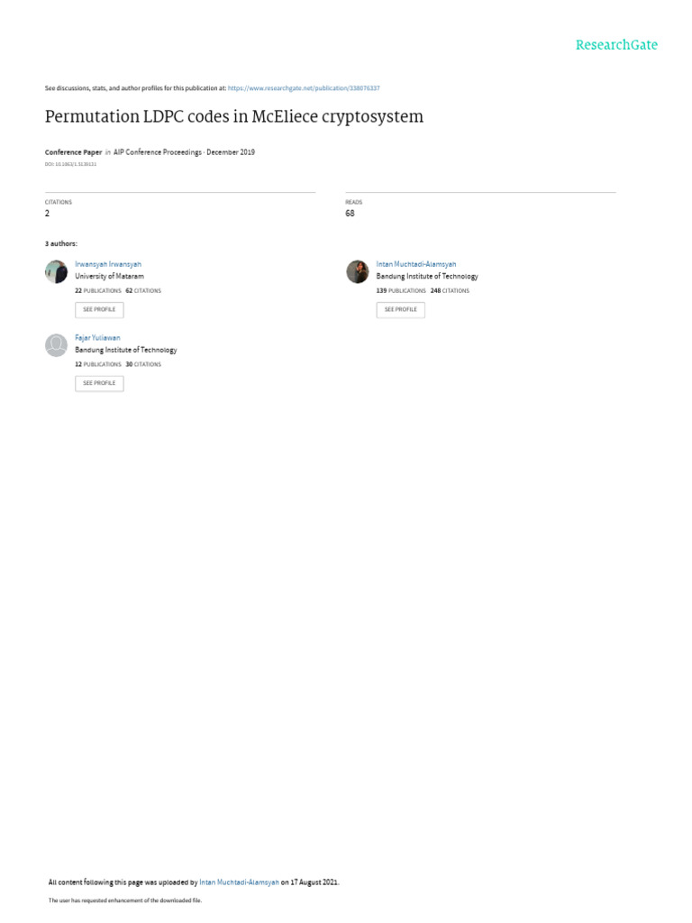 Permutation LDPC Codes in McEliece Cryptosystem | PDF