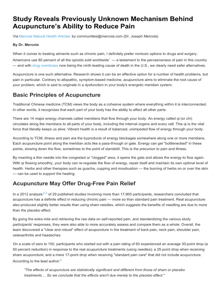 Study Reveals Previously Unknown Mechanism Behind Acupuncture's Ability To Reduce Pain | PDF