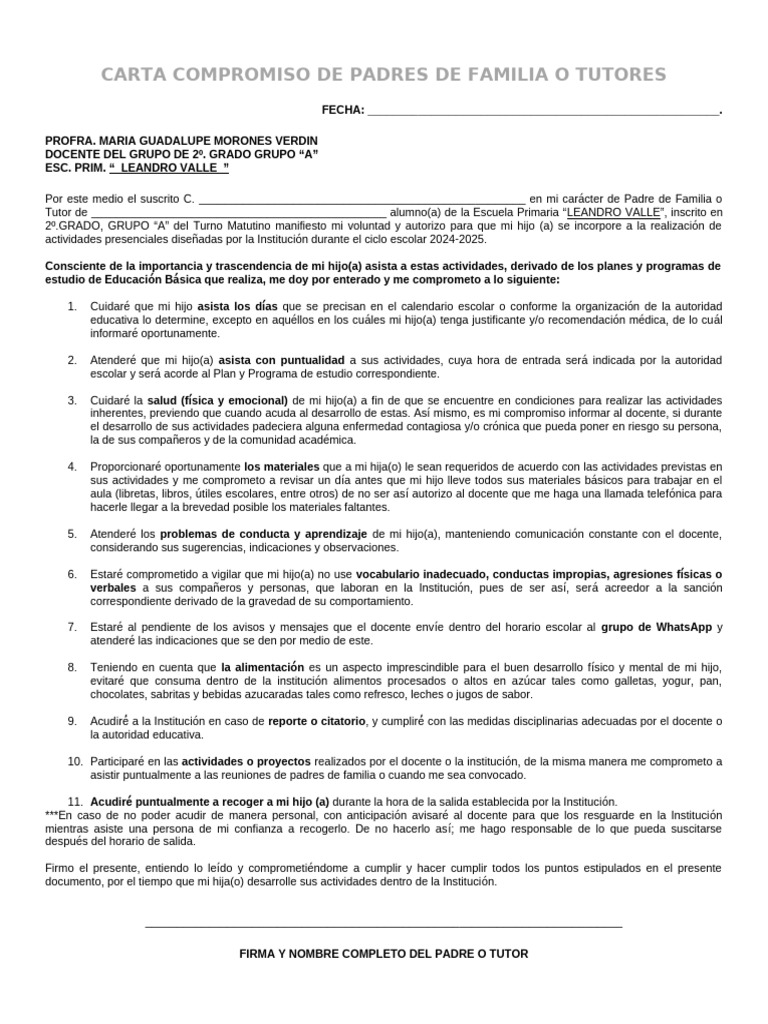 CARTA COMPROMISO PADRES DE FAMILIA 2024-2025 2o. A | PDF