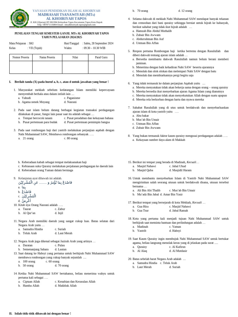 Soal PTS SKI Kelas VII Ganjil 24 - 25 | PDF