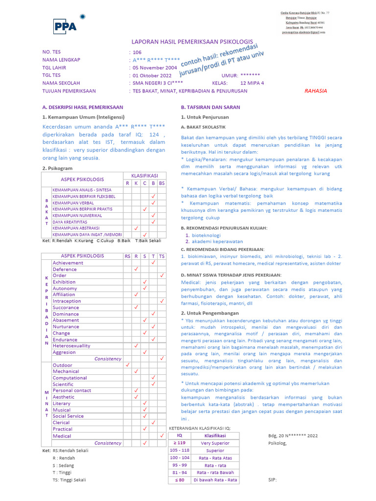 Contoh Hasil Kls 12 - Rekomendasi Prodi Di PT Atau Univ | PDF
