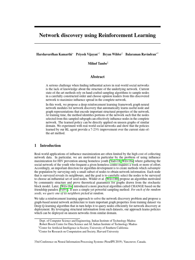 Network Discovery Using Reinforcement Learning: Harshavardhan Kamarthi Priyesh Vijayan Bryan ...