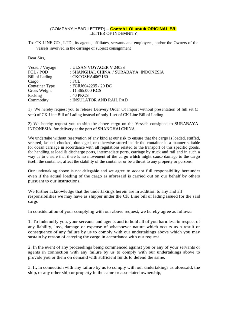 Draft Loi Untuk BL Original | PDF