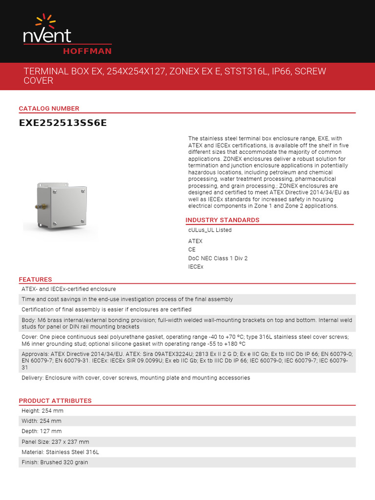 Nvent HOFFMAN Terminal Box Ex 254x254x127 Zonex Ex e StSt316L IP66 ...