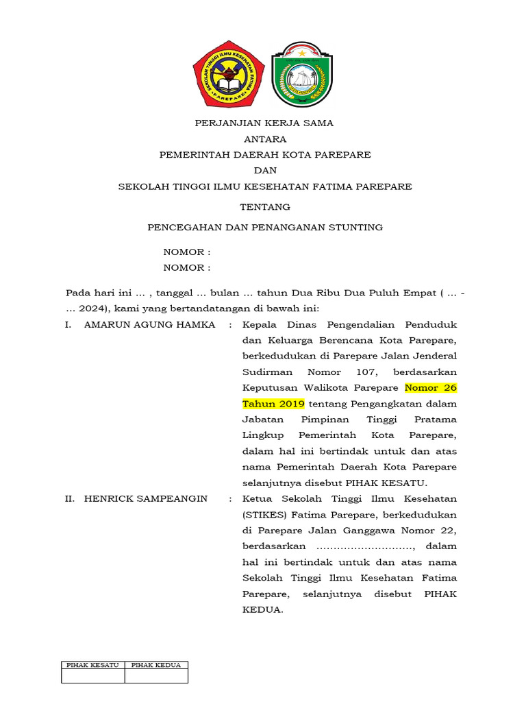 Draf Perjanjian Kerja Sama Pemkot Parepare DPPKB - STIKES Fatima (TKKSD) | PDF